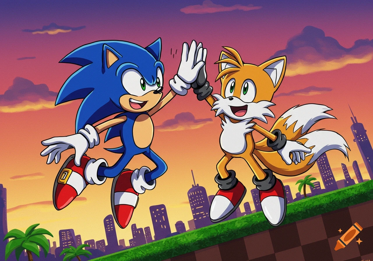 Sonic and Tails high-fiving against a city skyline at sunset, cartoon ...