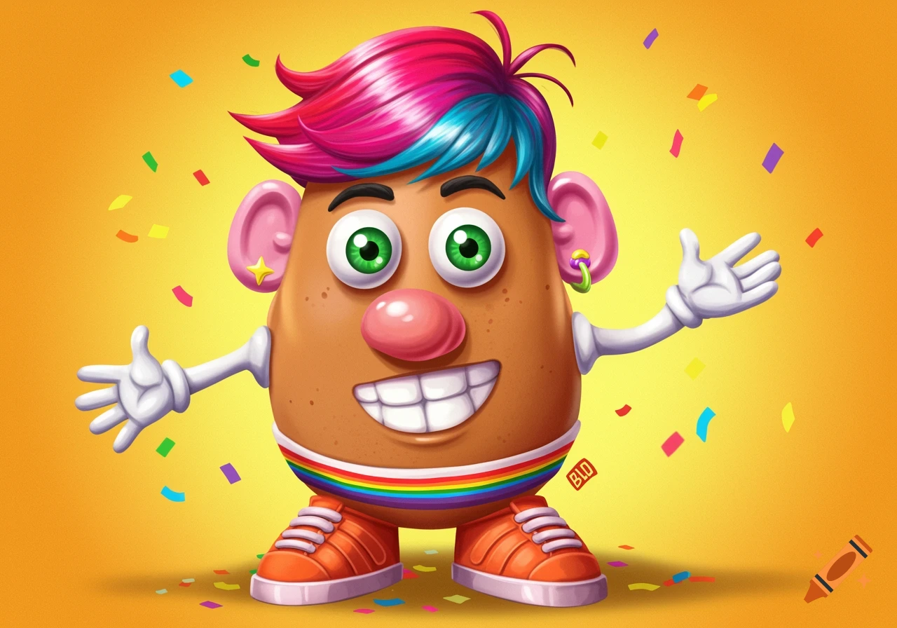 Cartoon potato head toy with colorful hair and rainbow belt, surrounded ...