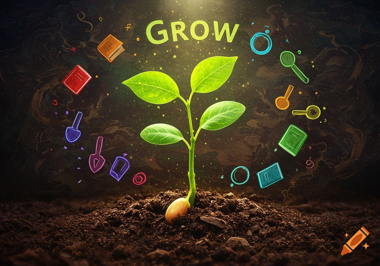 A seedling grows from soil surrounded by symbolic illustrations of ...