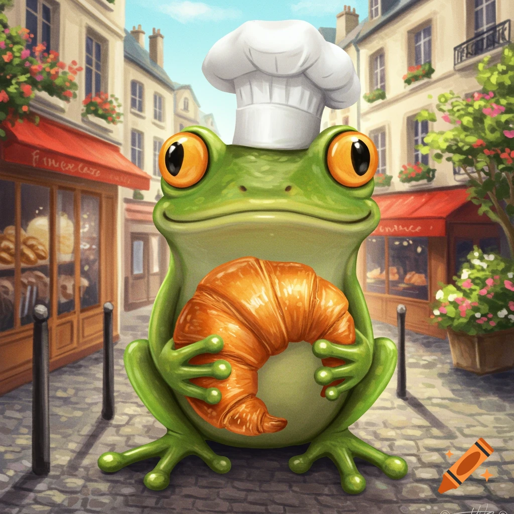 Illustration of a frog wearing a chef's hat, holding a croissant on a ...