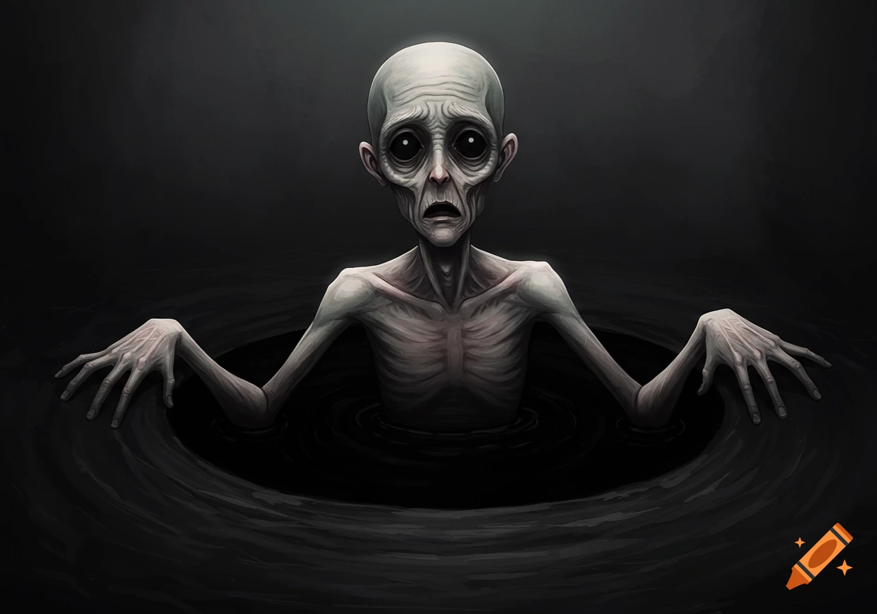 A pale, emaciated humanoid creature with large dark eyes reaching from ...