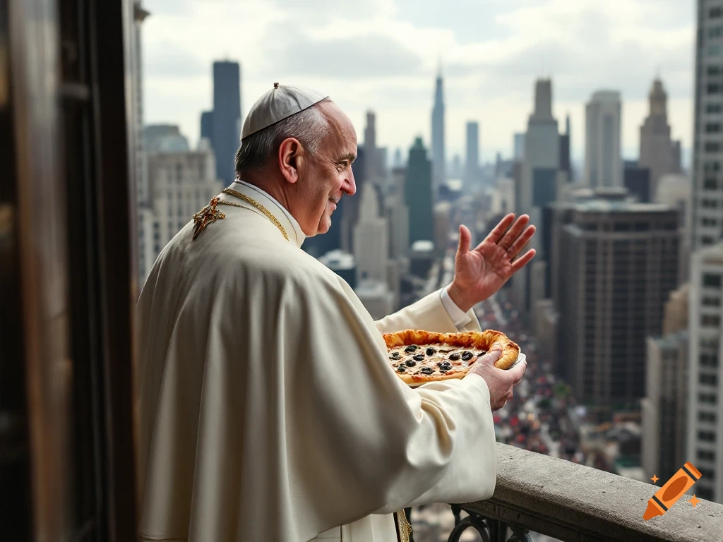 A figure resembling the Pope holds a deep-dish pizza and waves from a ...