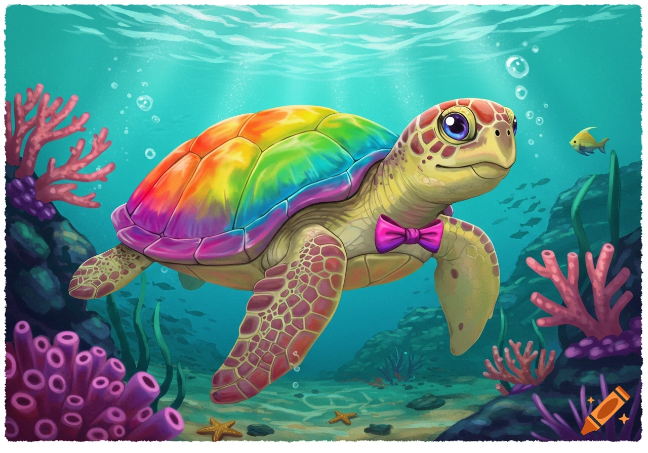 A cartoon turtle with a rainbow shell and a bow tie swims underwater ...