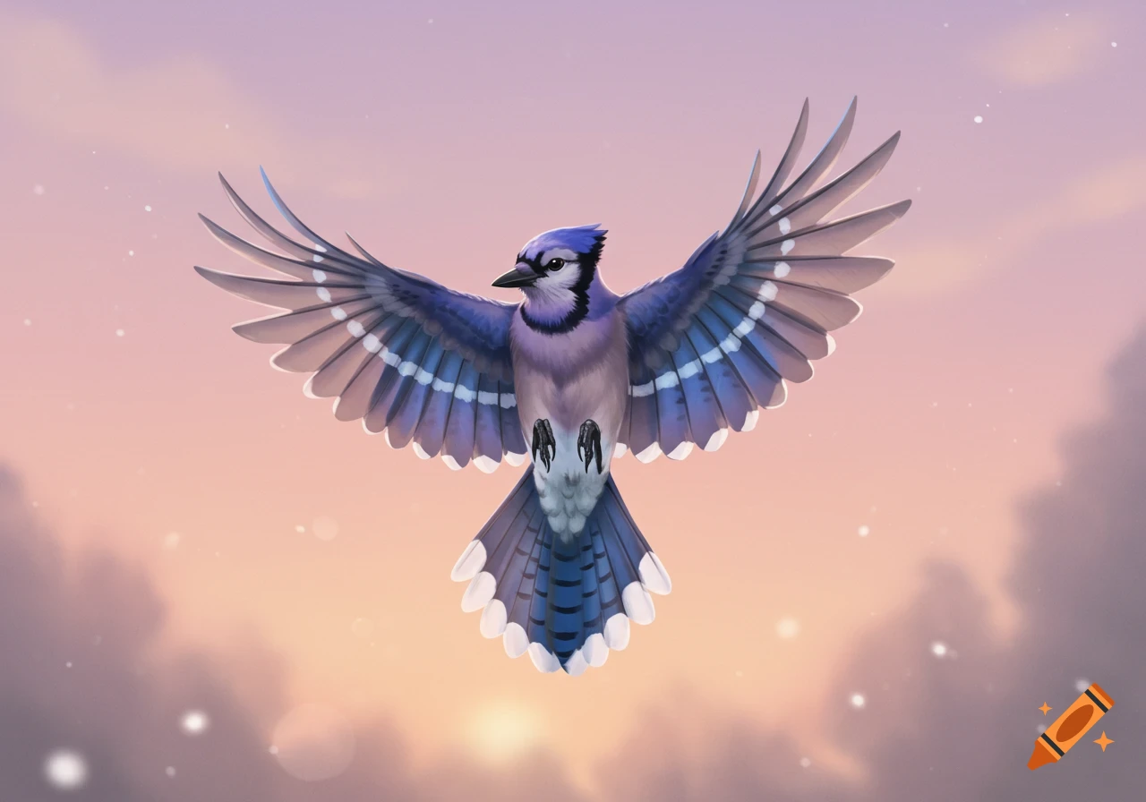 An illustration of a blue jay flying with wings spread against a soft ...