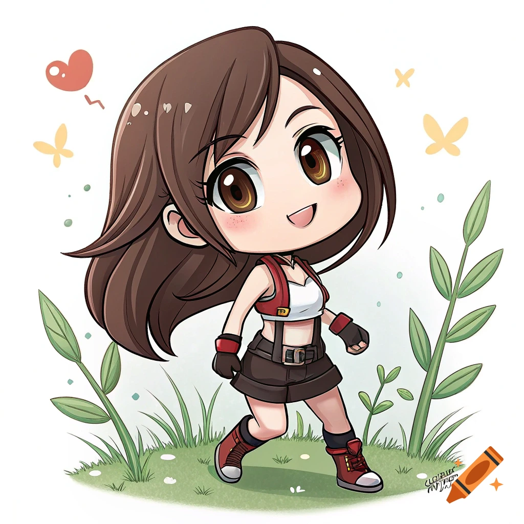 Chibi anime drawing of Tifa Lockhart walking in grass with butterflies ...