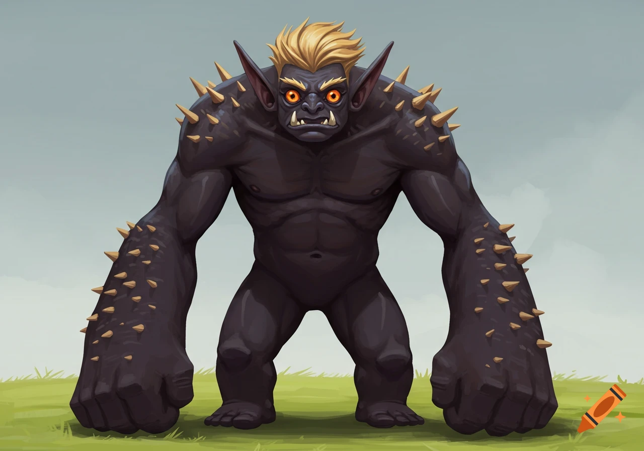 A dark-skinned monster with blonde hair, orange eyes, long ears, spikes ...