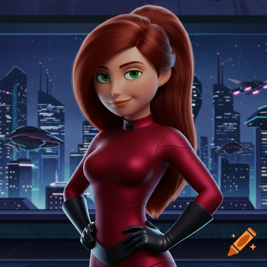 CGI woman in a red suit and black gloves stands before a futuristic ...