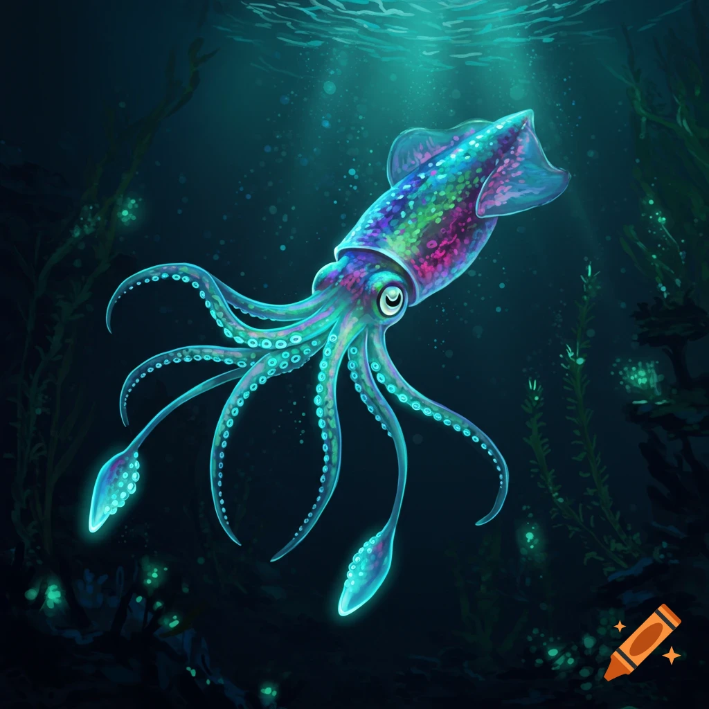 A glowing iridescent squid swims in the dark deep sea. on Craiyon