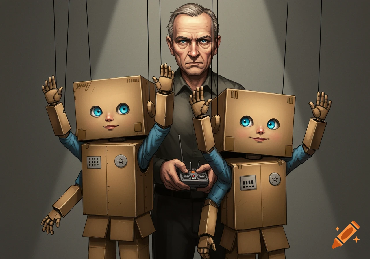 Man controls two cardboard robot puppets with a remote control ...