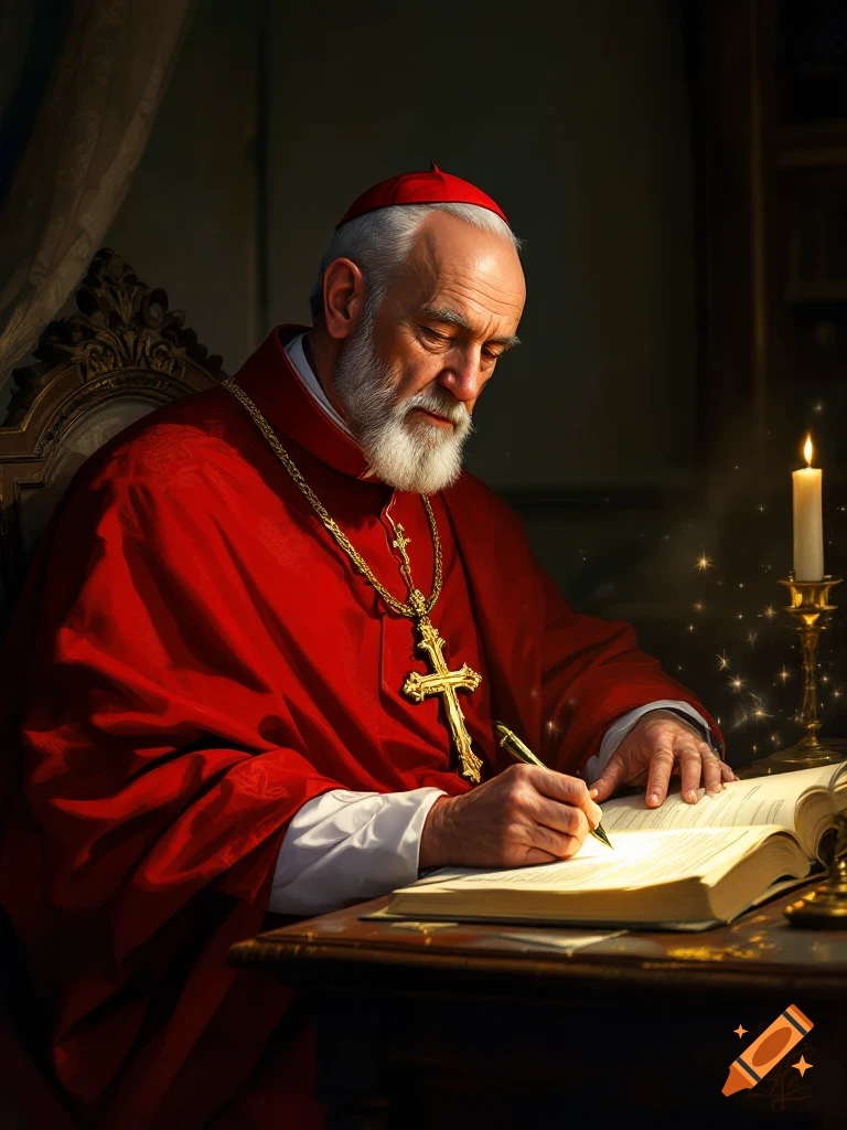 A cardinal writes in a large book by candlelight, wearing red robes and ...