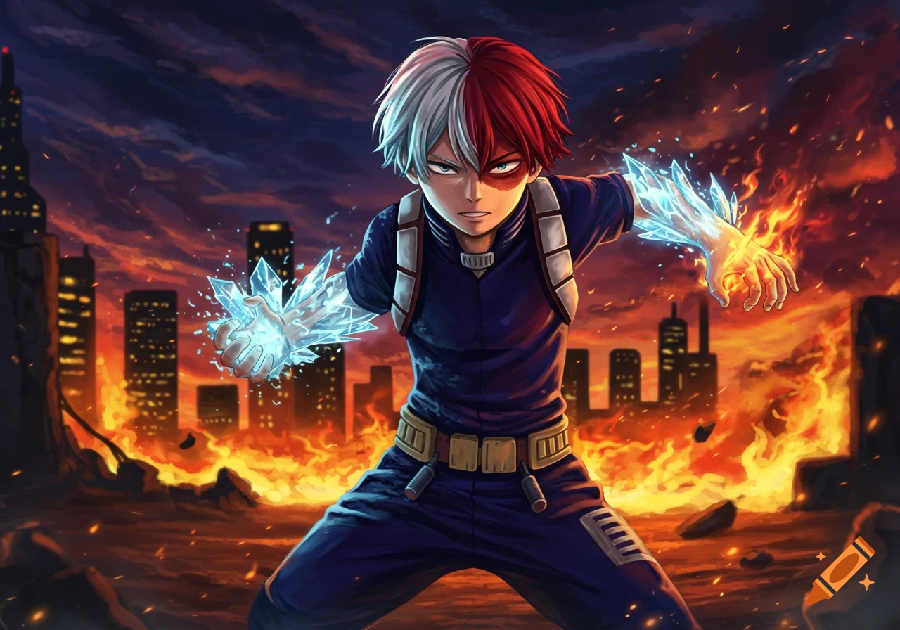 Anime character Shoto Todoroki uses ice and fire powers in front of a ...