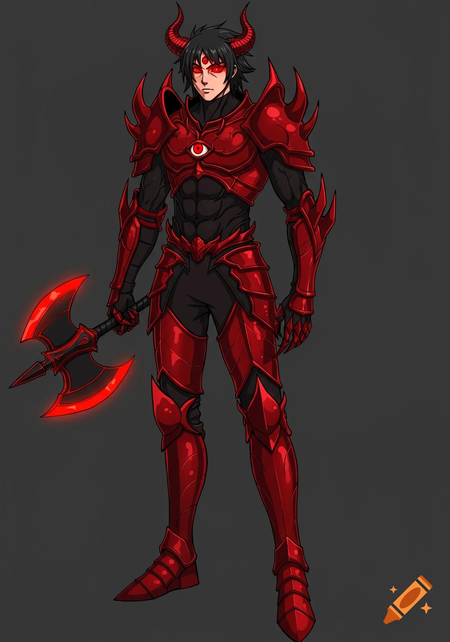 An anime character in red armor with horns, red eyes, and an axe. on ...