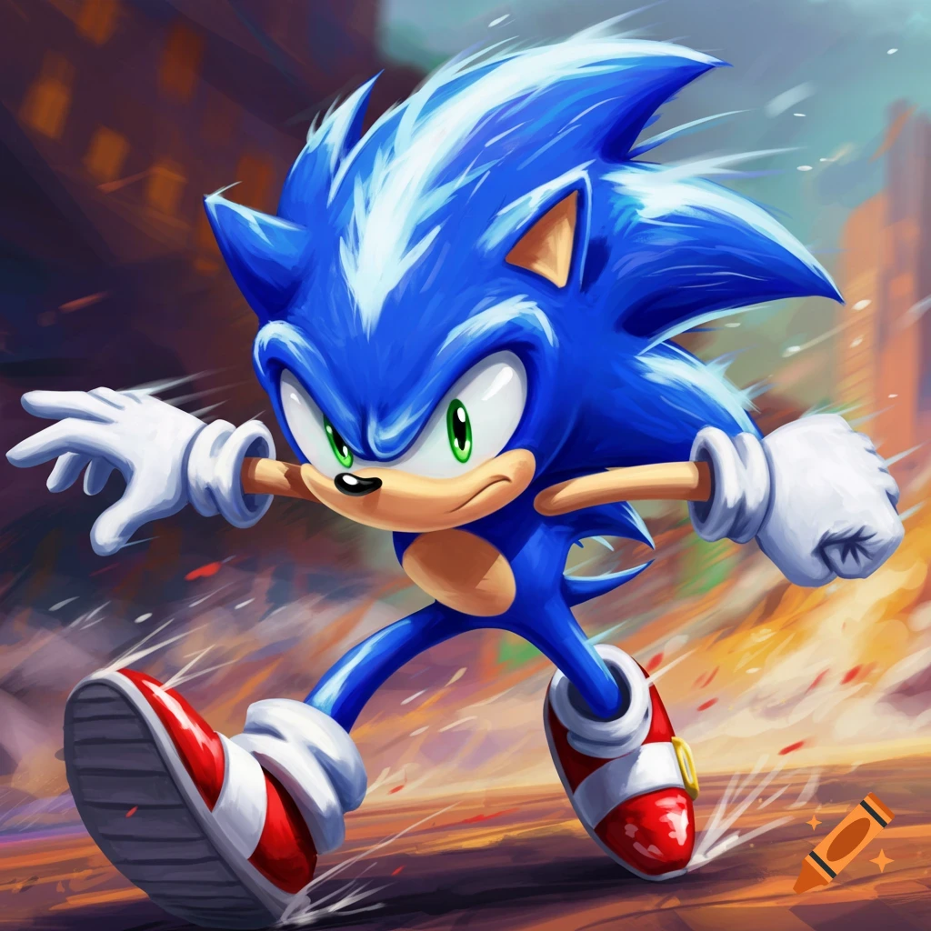 Digital illustration of Sonic the Hedgehog running fast with a dynamic ...