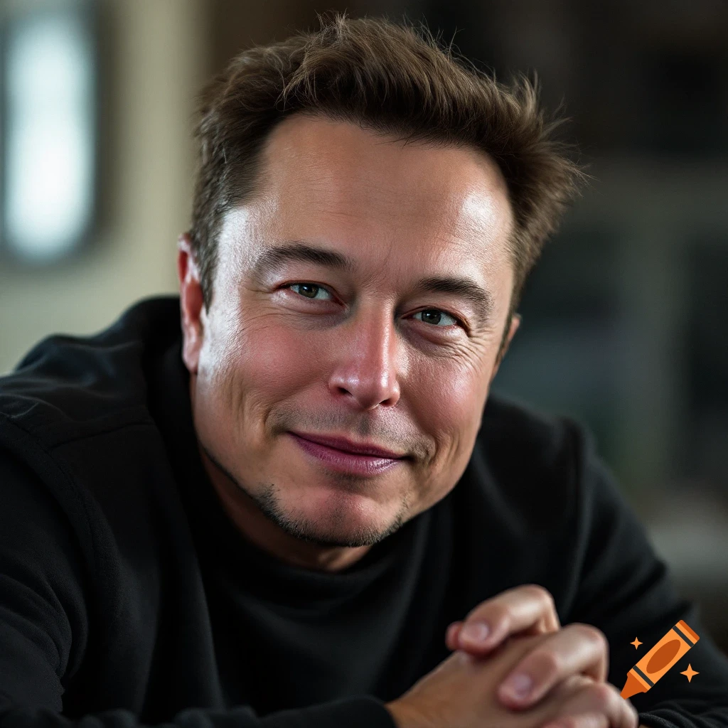 Close-up portrait of Elon Musk smiling slightly with hands clasped. on ...