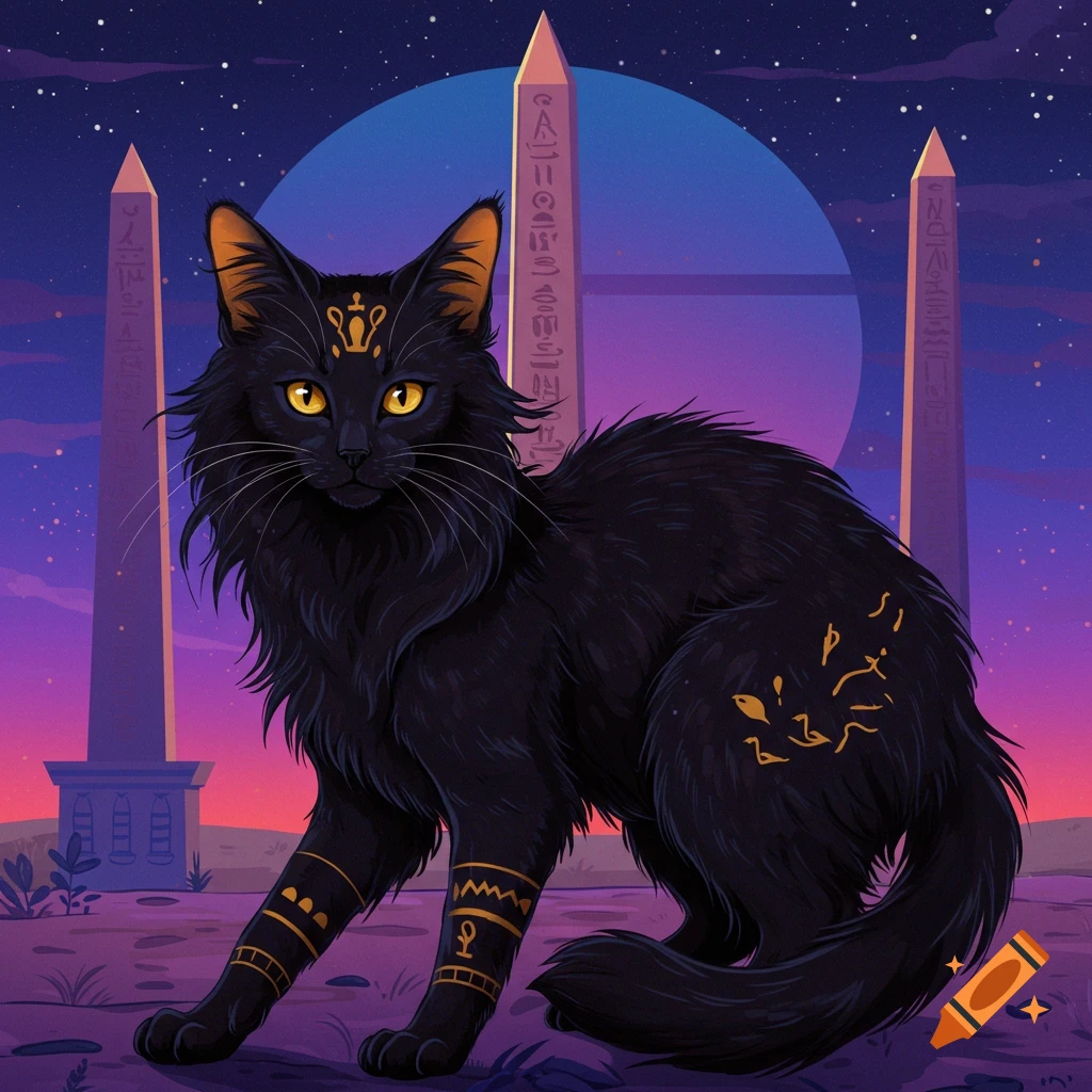 A black cat with gold markings sits in an Egyptian desert scene at ...