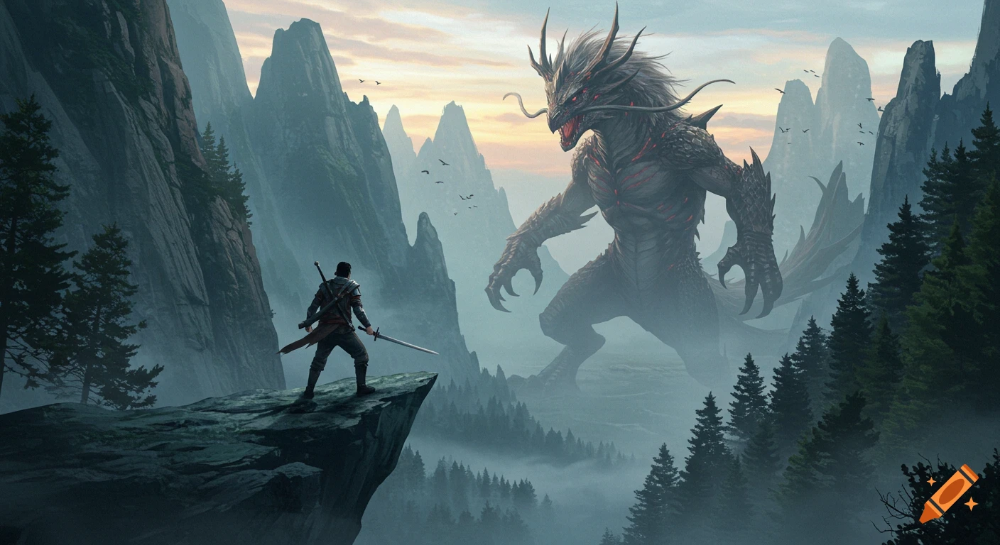 Warrior on cliff faces giant monster in foggy mountain valley at sunset, digital painting. on ...
