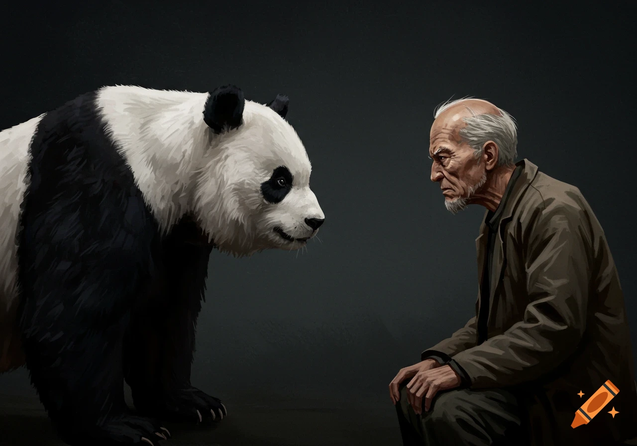 A large panda and an old man face each other in a dramatic illustration ...