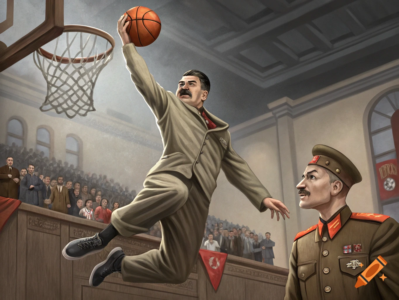 Illustration of Joseph Stalin dunking a basketball over a soldier in a ...