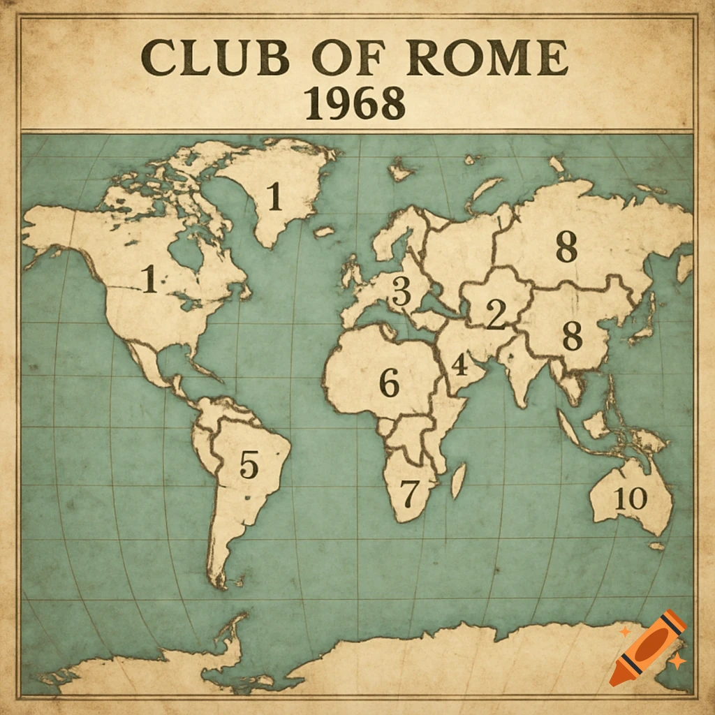A vintage-style world map titled 'Club of Rome 1968', with continents ...