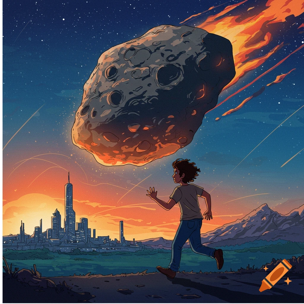 Illustration of a person running from a large meteorite falling towards ...