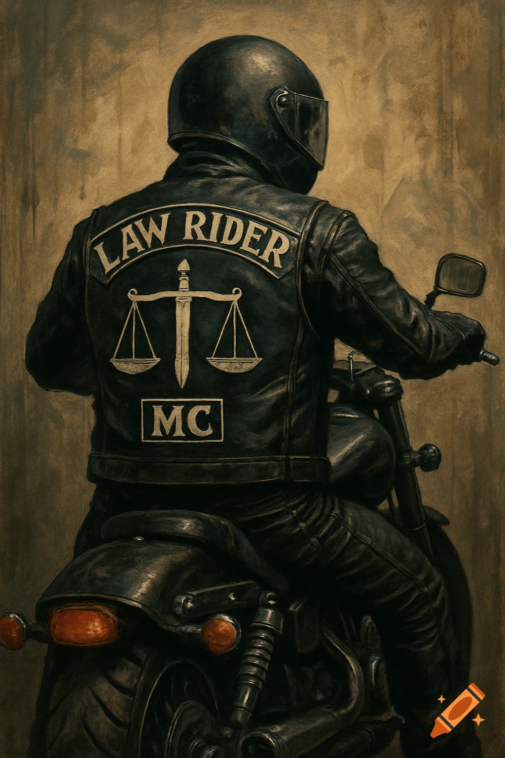 Motorcycle rider from behind wearing a jacket with 'LAW RIDER MC' and ...