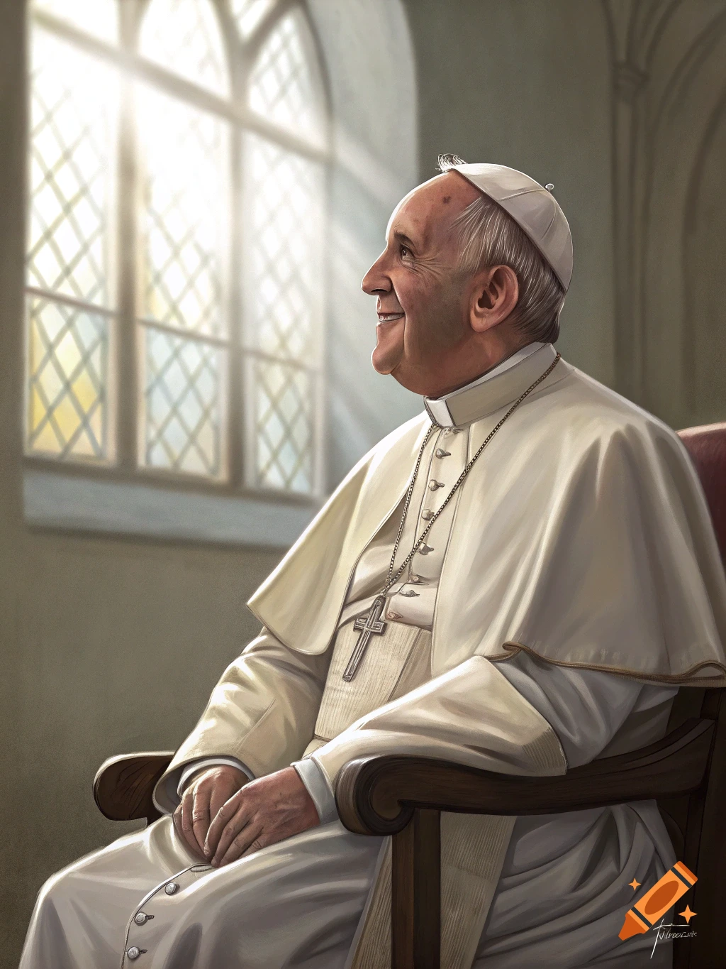 Illustration of Pope Francis smiling, seated, with light from a window ...