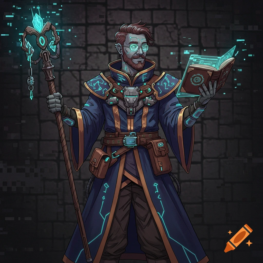 Digital illustration of a sci-fi wizard holding a glowing book and ...