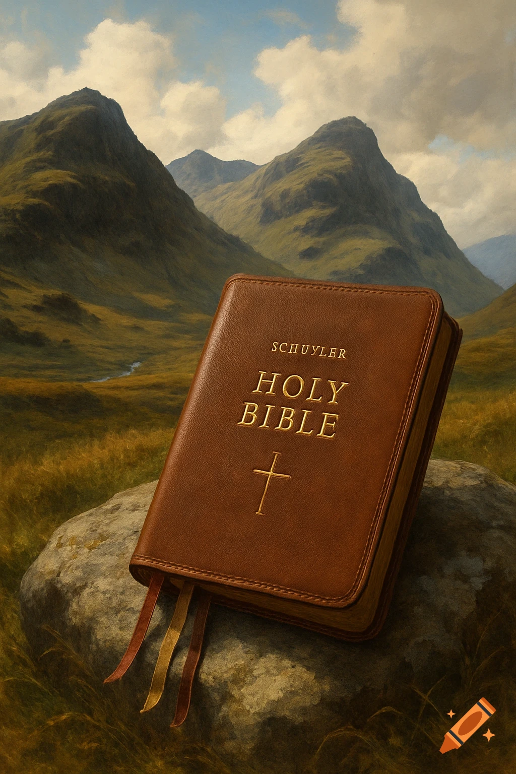 A Bible rests on a rock with mountains and a valley in the background ...