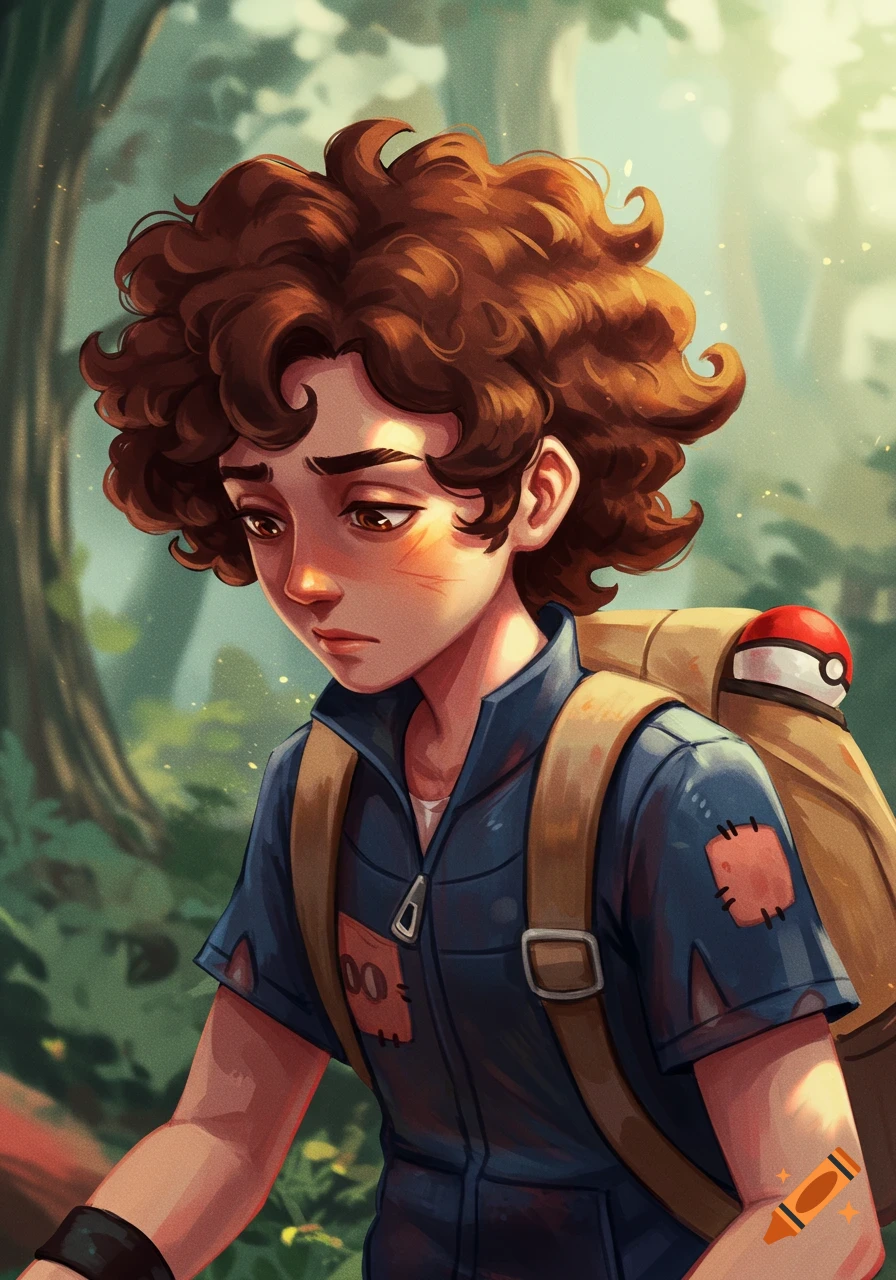 Illustration of a young Pokemon trainer with curly hair and a backpack ...