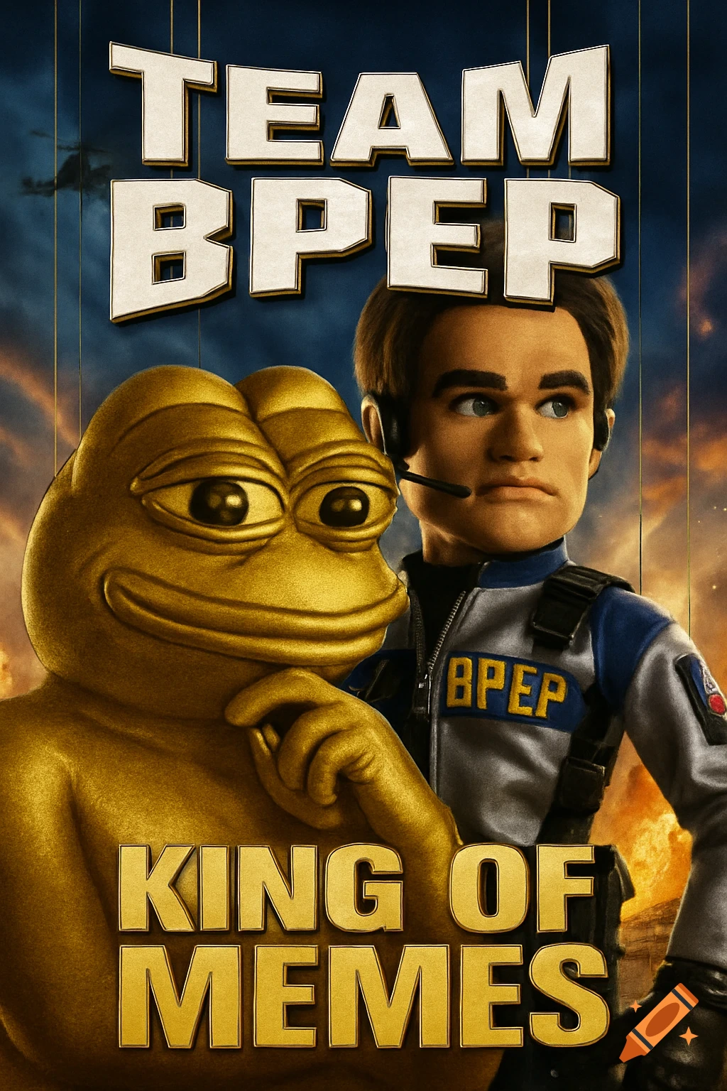 Movie poster with a golden Pepe the Frog and a human puppet labeled ...