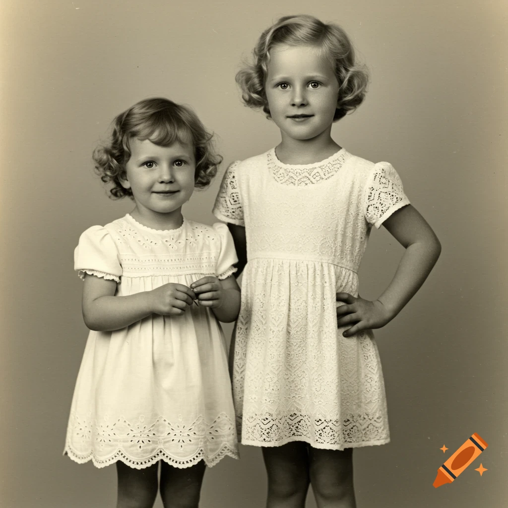 Sepia-toned portrait of two young girls in white dresses. on Craiyon