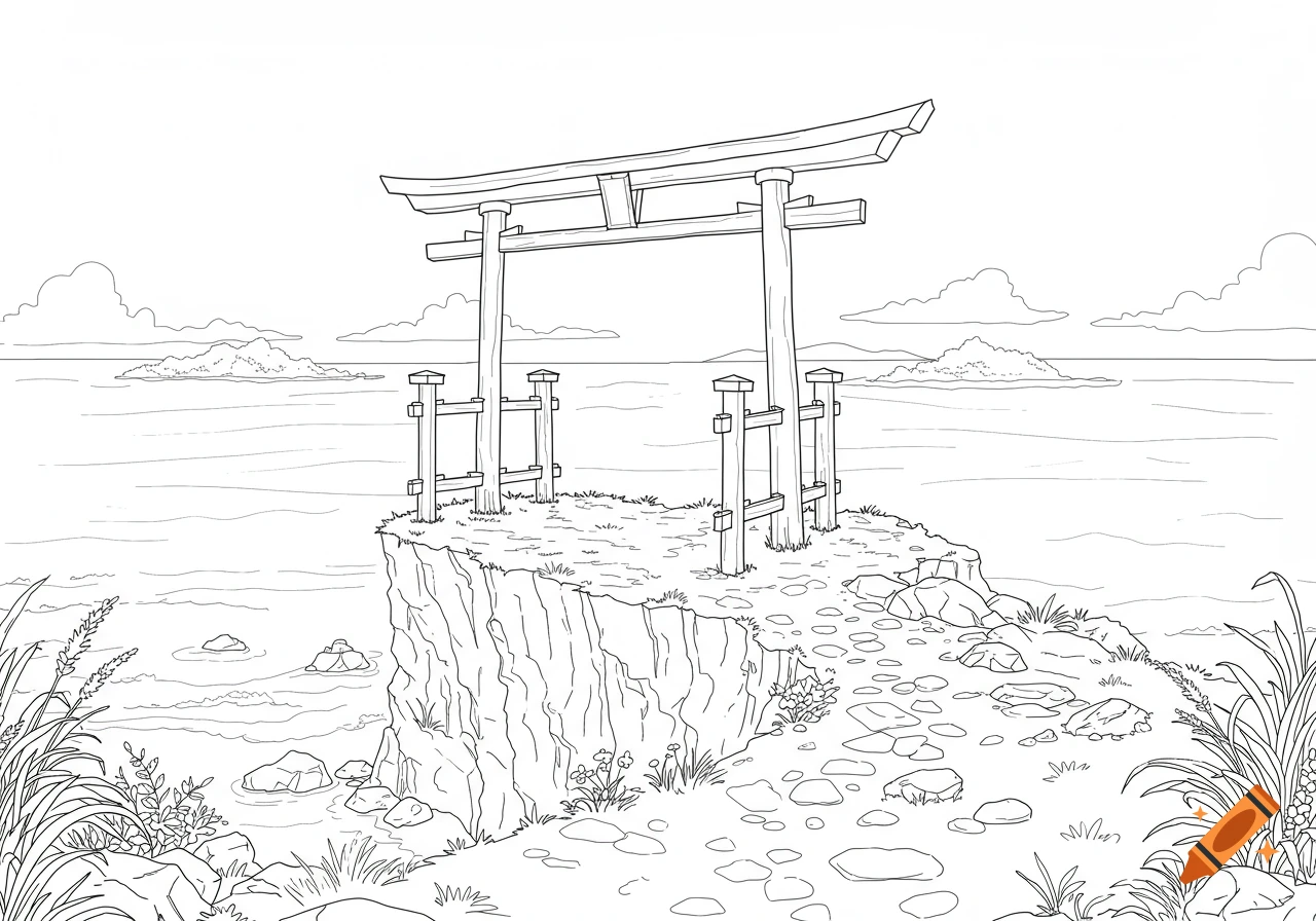 Line drawing of a torii gate on a cliff overlooking the ocean. on Craiyon