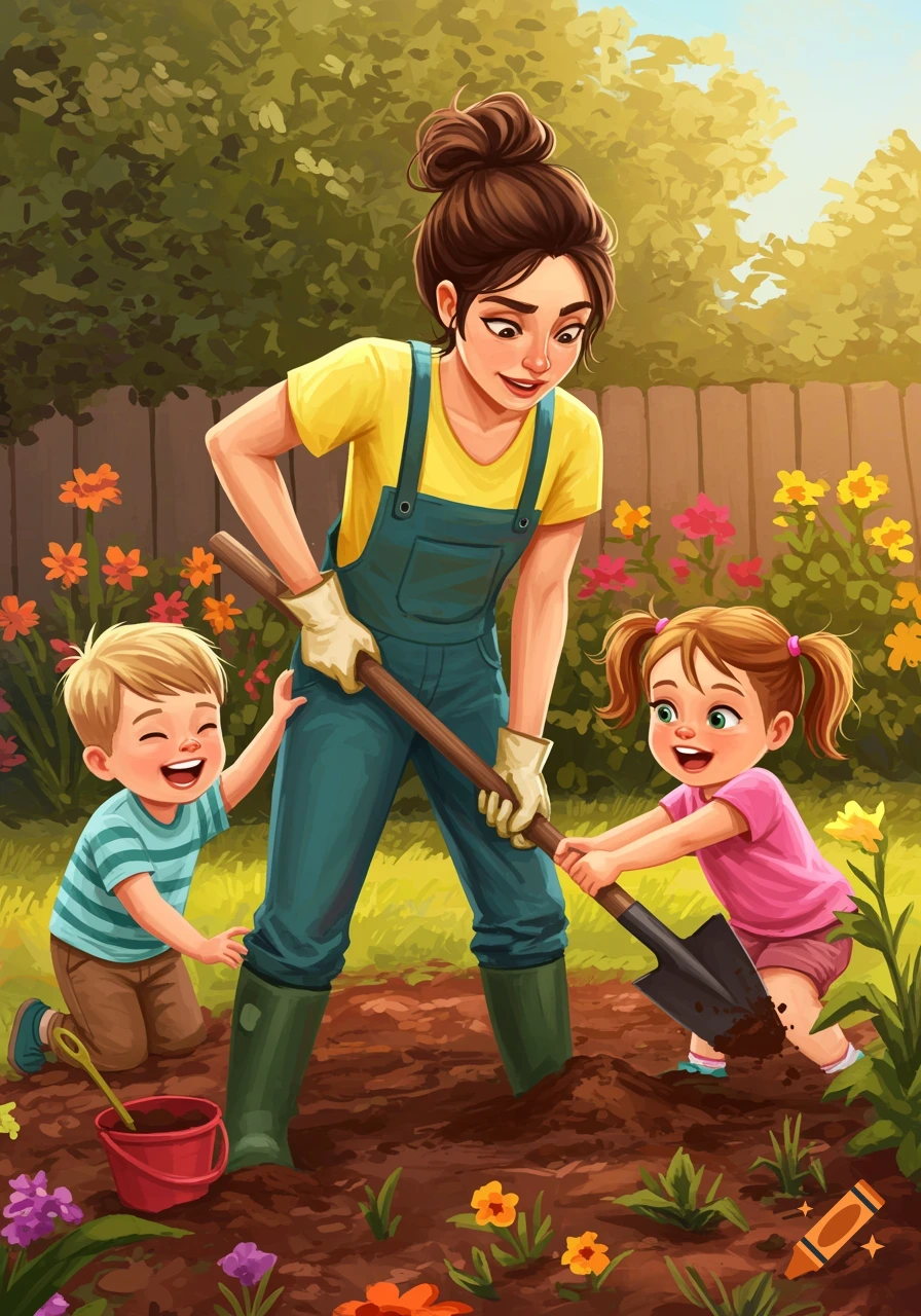 Illustrated scene of a mother and two young children digging in a garden. on Craiyon
