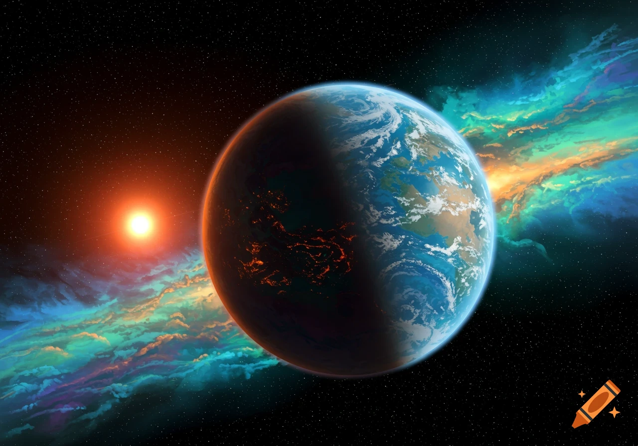 A large planet is illuminated by a star in space, with colorful nebulous clouds. on Craiyon