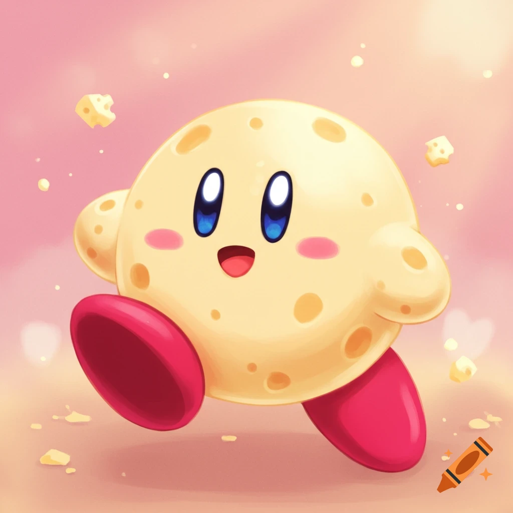 Cartoon Kirby character made of swiss cheese running on Craiyon