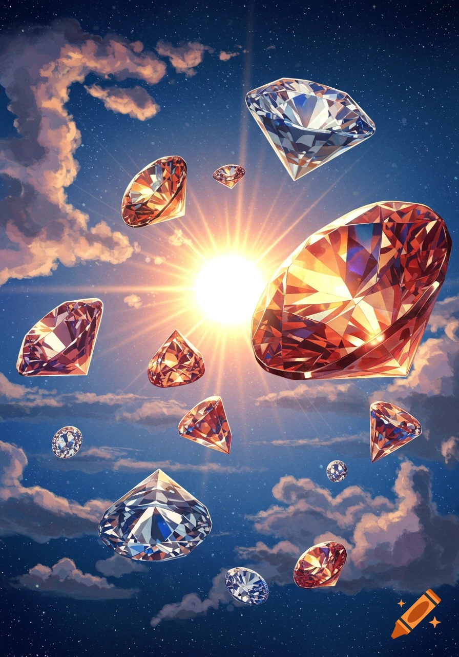 Several large diamonds float in a bright sky with clouds and a shining sun. on Craiyon