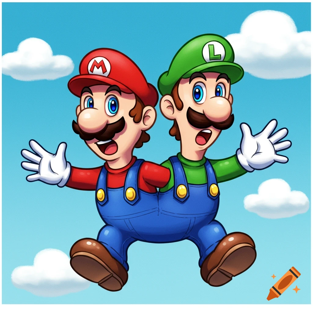 Cartoon illustration of conjoined Mario and Luigi floating in the sky ...