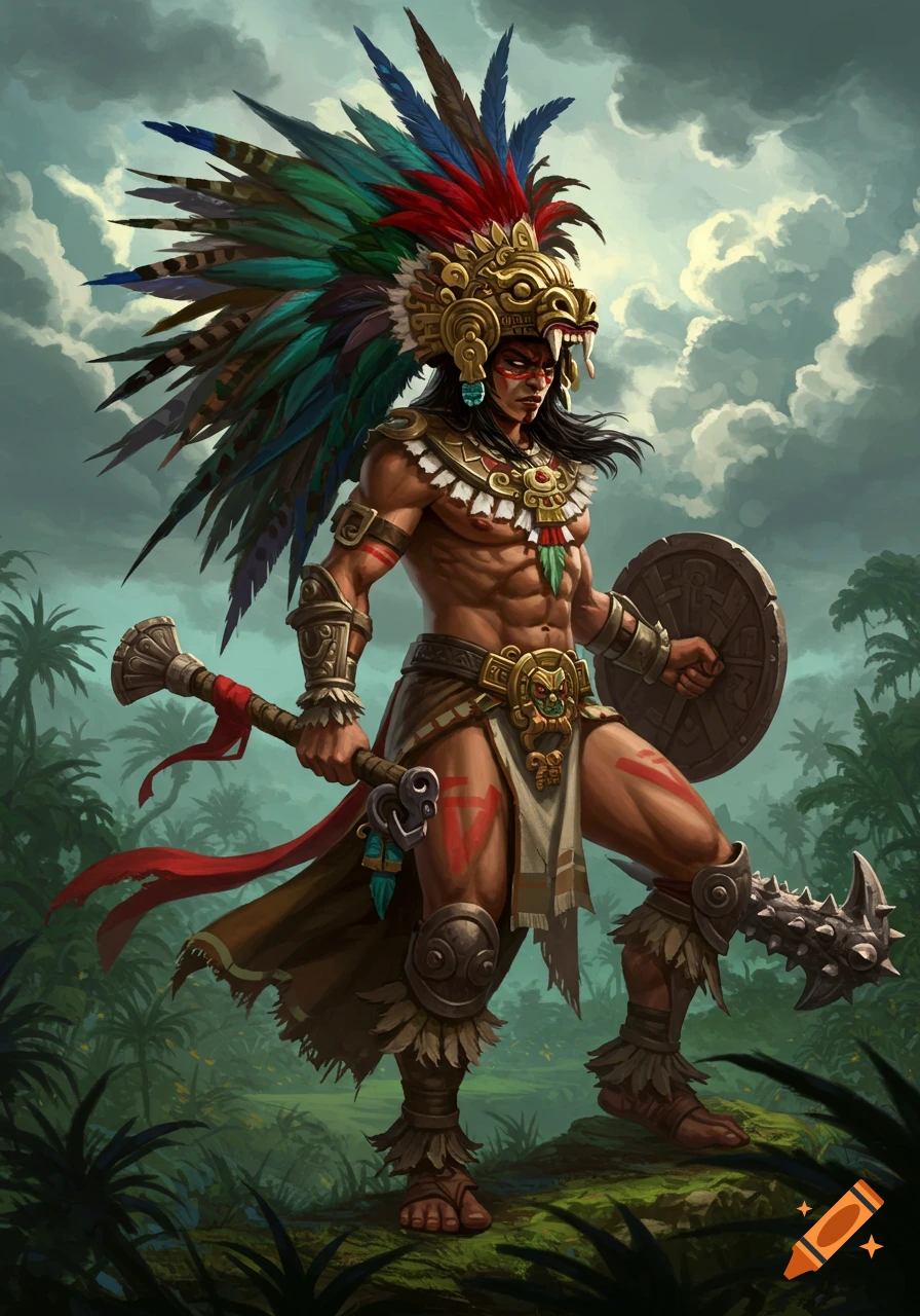 Illustration of an Aztec warrior with feathered headdress, holding a shield and weapon in a ...