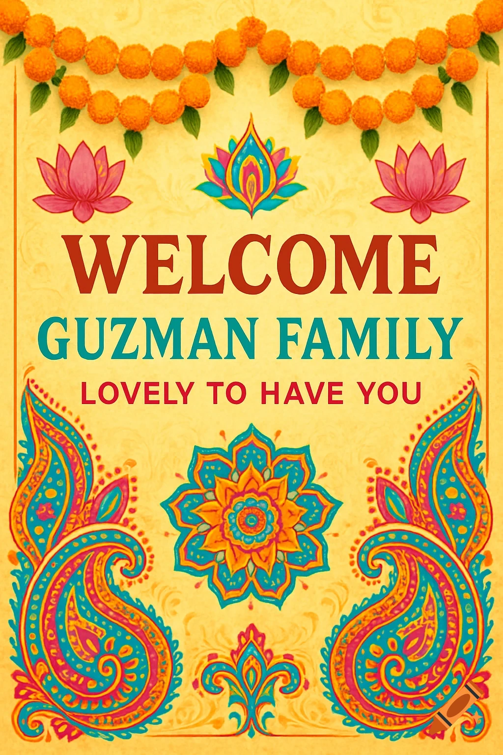 Colorful welcome sign with marigolds, lotus flowers, and paisley ...