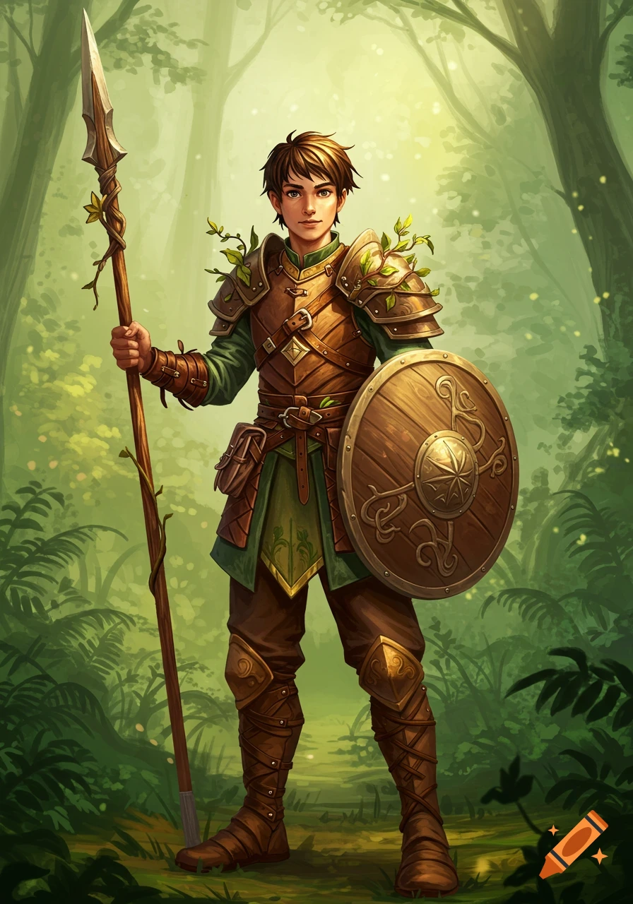 A fantasy illustration of a young male druid in leather armor with a ...
