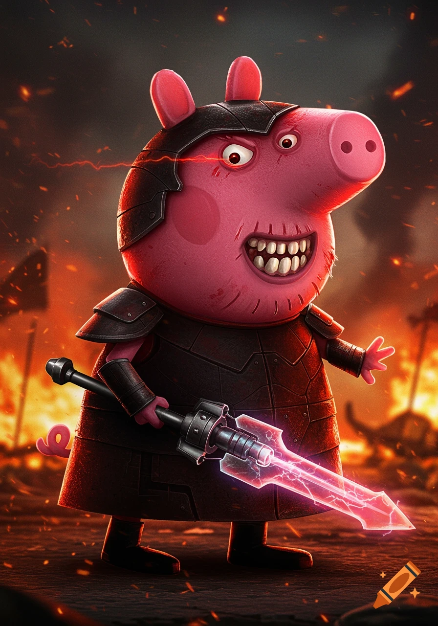 Peppa Pig in black armor holding a glowing sword in a fiery battlefield ...