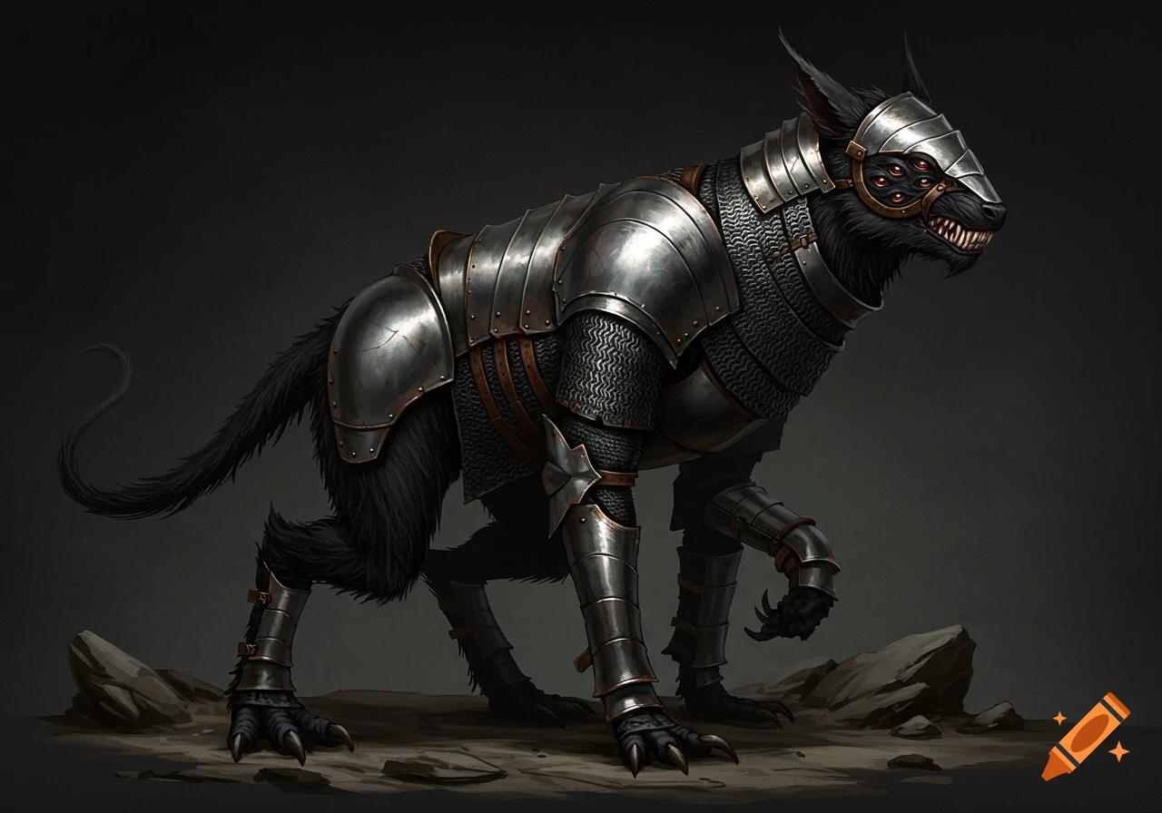 A black furry creature with multiple eyes wearing medieval armor. on ...