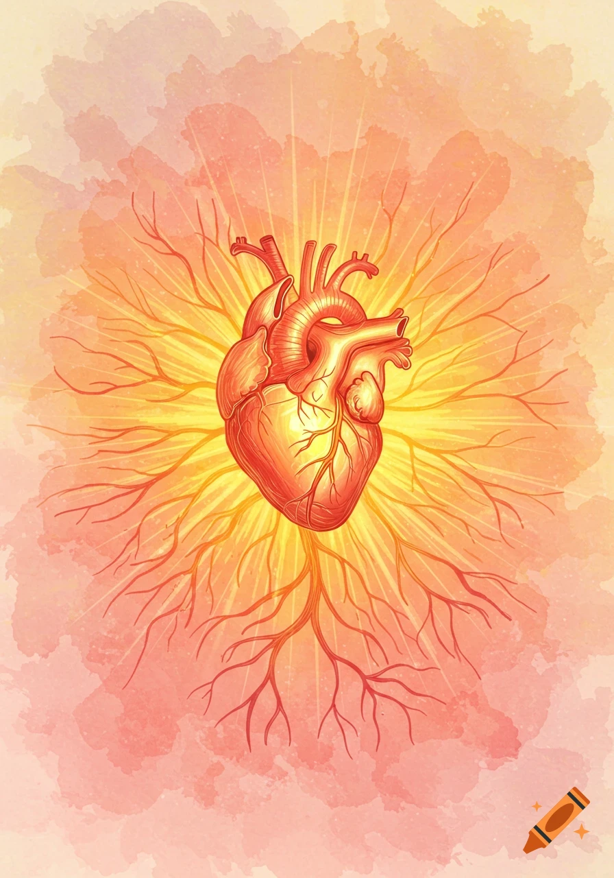 An anatomical heart illustration with roots radiating outwards on a ...