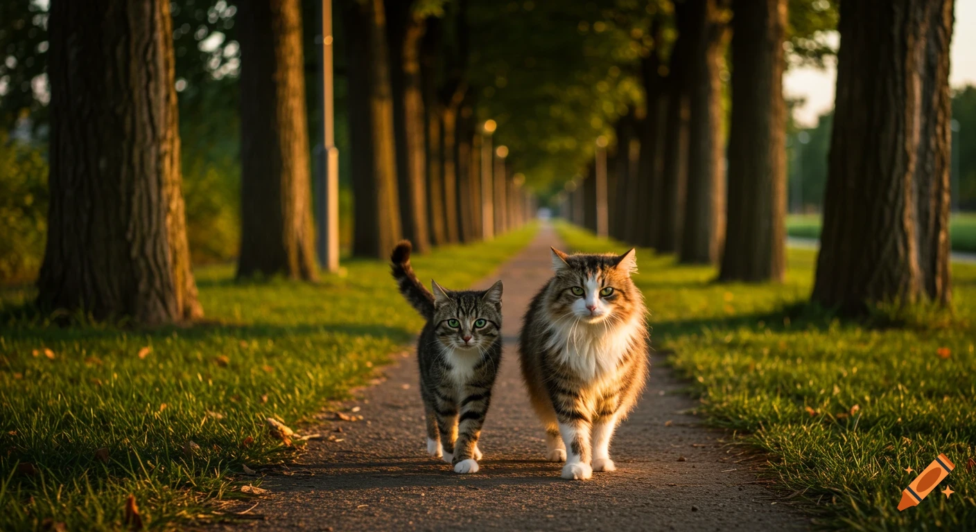 Two cats walk down a tree-lined path at sunset with long shadows ...