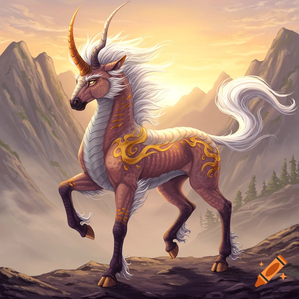Mythical creature resembling a Kirin stands on a mountain path at ...
