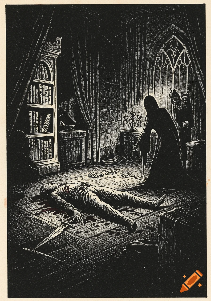 Black and white line art illustration of a gothic horror murder scene ...