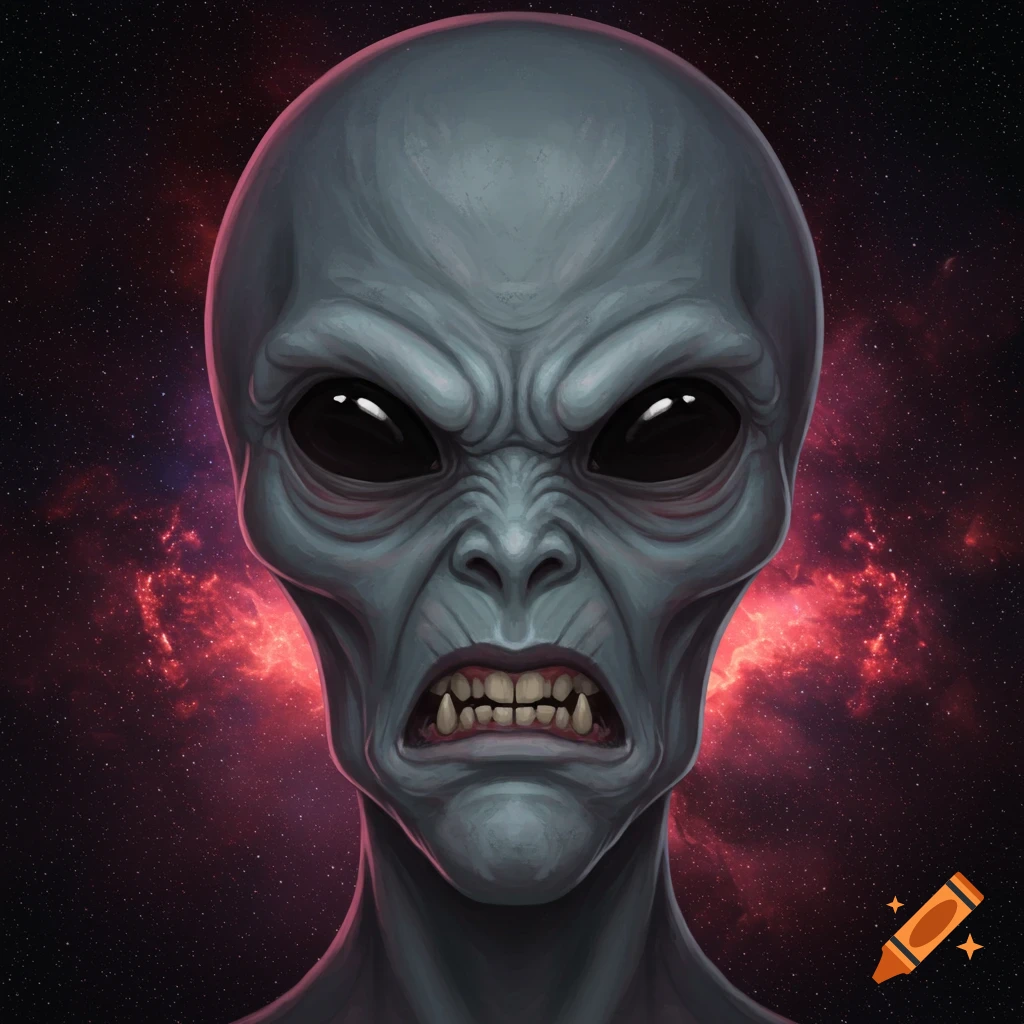 Close-up of a fierce gray alien face with dark eyes against a space background with nebulae. on ...