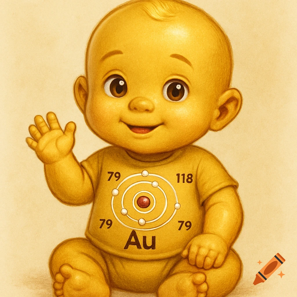 Cartoon gold baby waving, wearing a shirt with a gold atom symbol Au and numbers 79, 118. on Craiyon