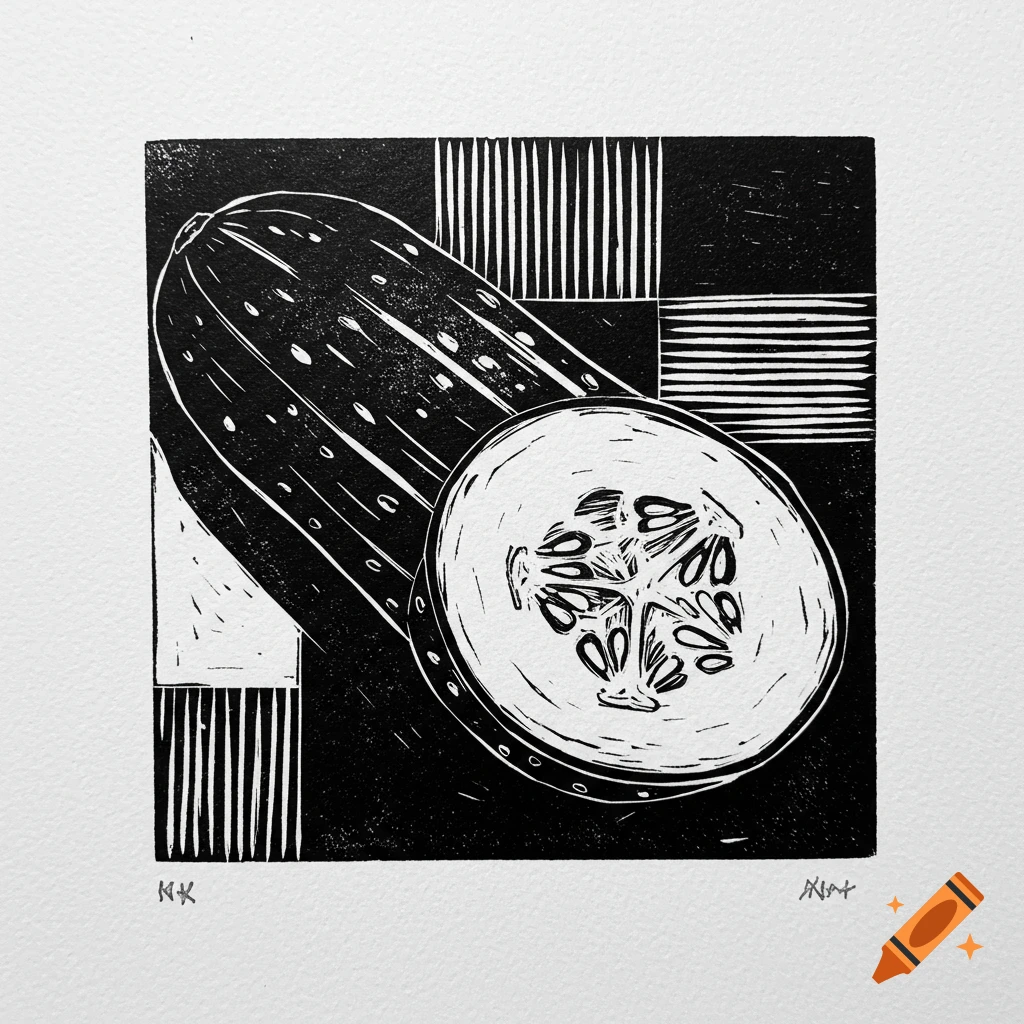 Black and white linocut print of a sliced cucumber. on Craiyon