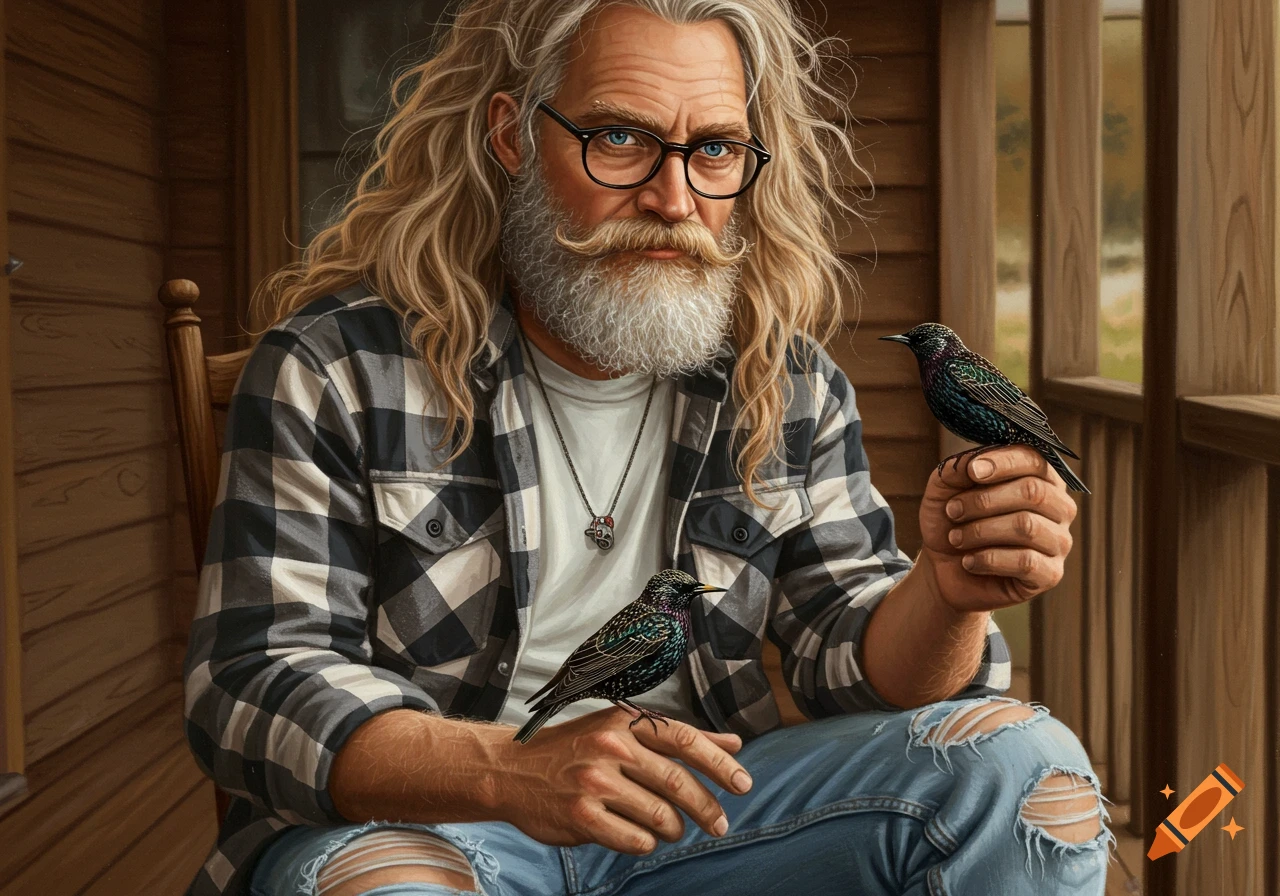 Painting of a man with long hair and beard holding starling birds on a ...